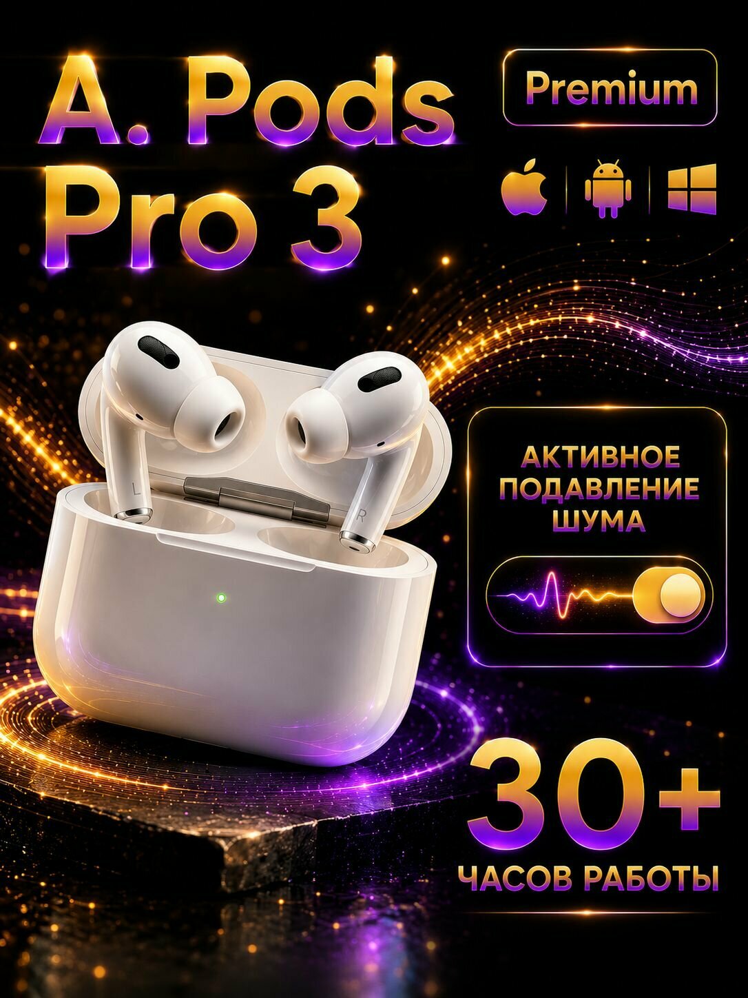 Наушники беспроводные для телефона A Pods Pro 3 с шумоподавлением, 3D звук ANC, type c, чехол и зарядкой в комплекте, для айфона и андроид