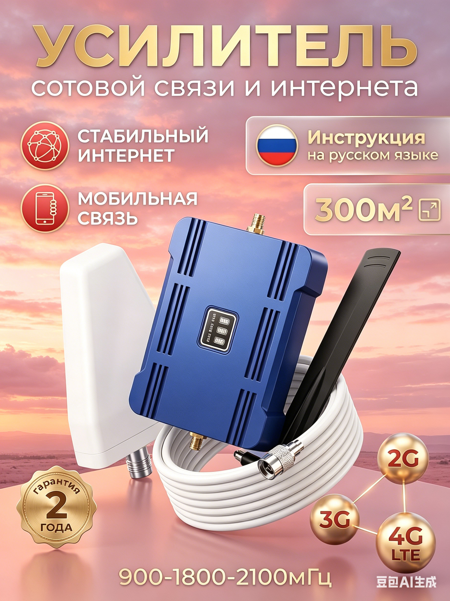 Усилитель сотовой связи 900/1800/2100 МГц (2G/3G/4G): до 70 км, направленный, синий, 1.3 кг