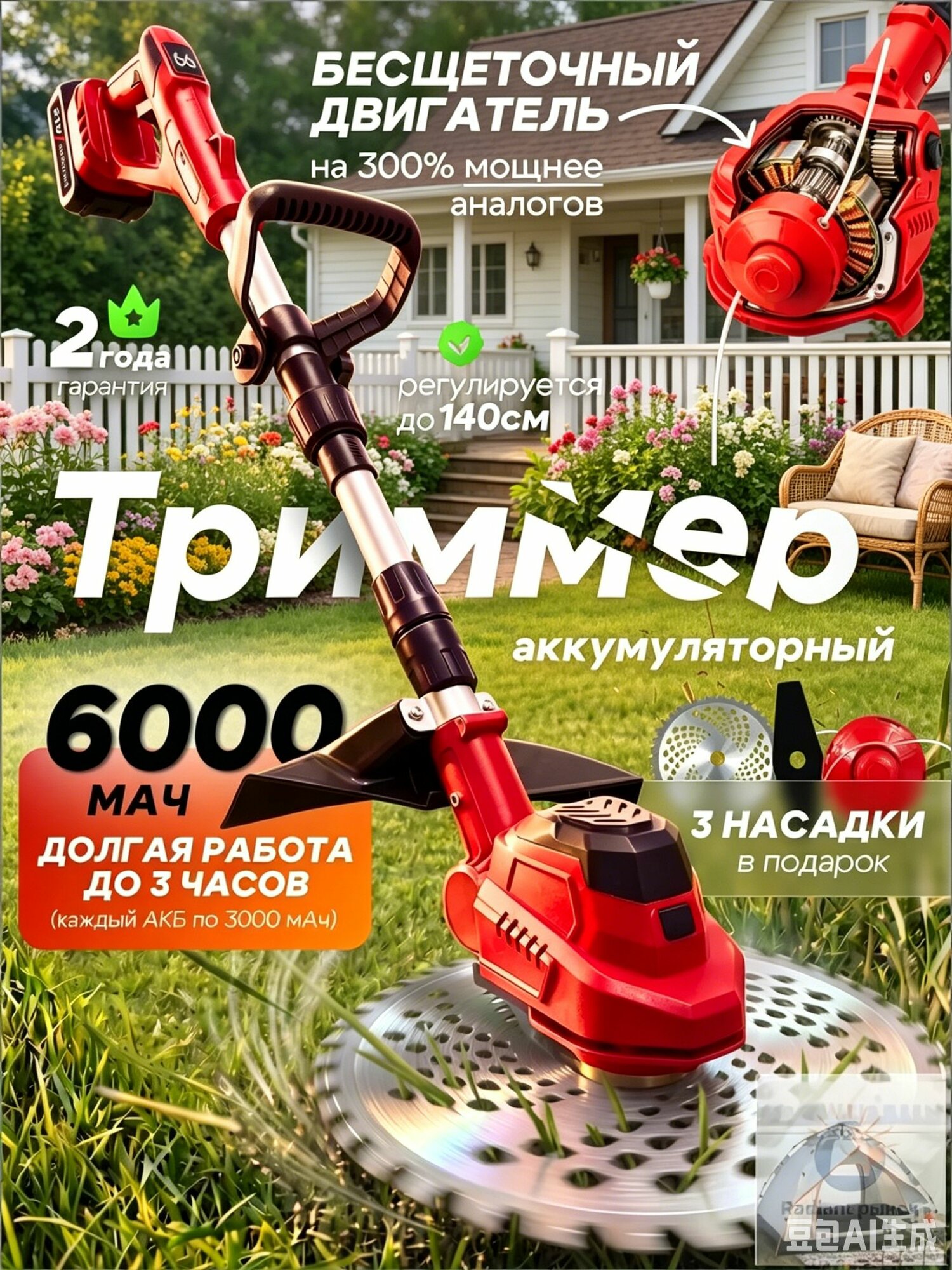 Аккумуляторный садовый триммер 6000 МАЧ, регулируемая длина до 140 см, 2 года гарантии, 3 насадки в подарок