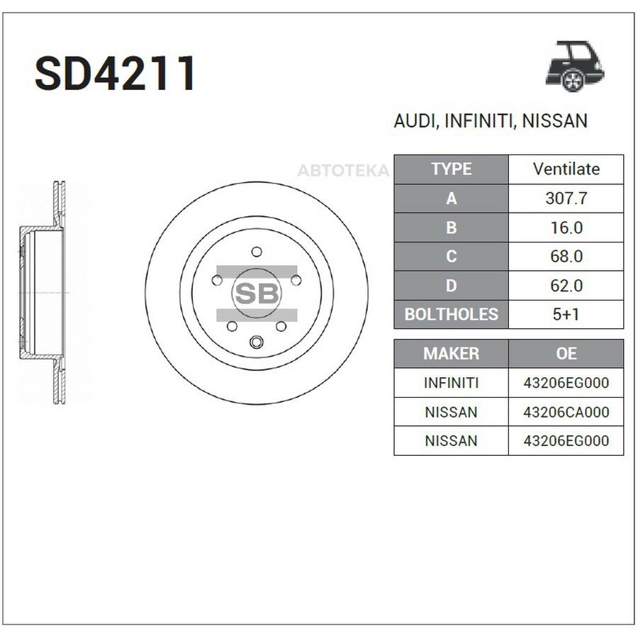 Диск торозной задний SANGSIN BRAKE SD4211 INFINITI EX37 08-;