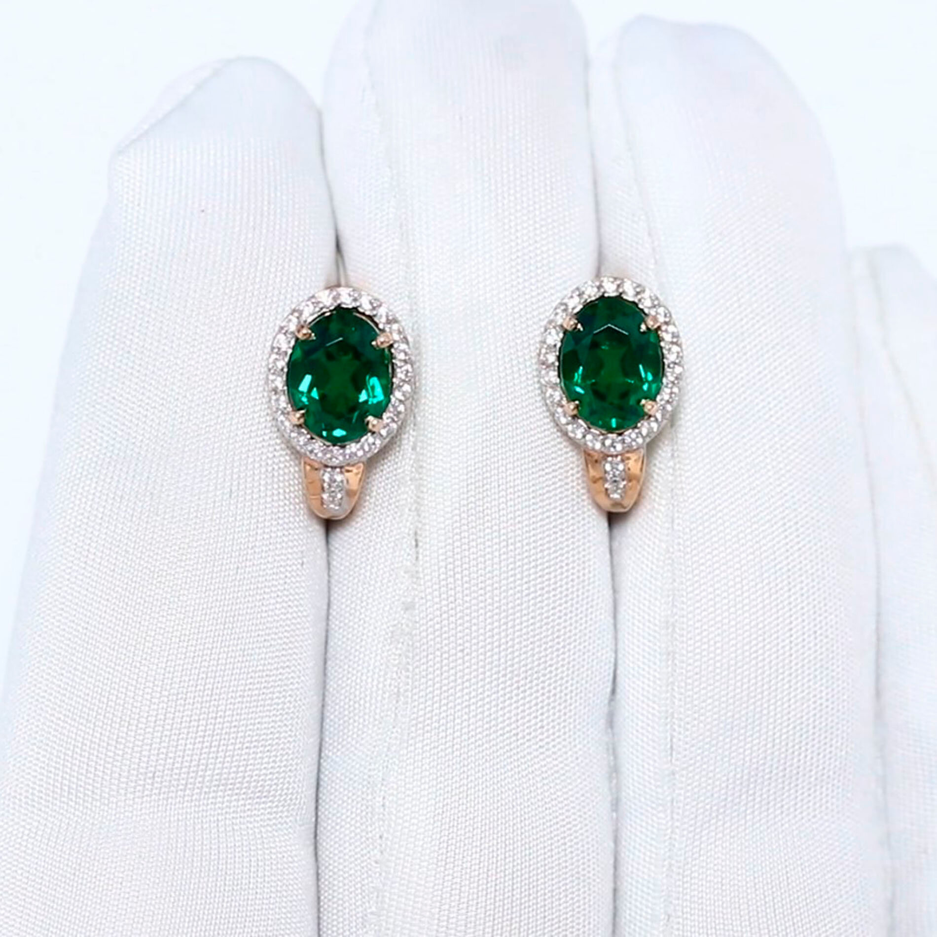 Серьги, красное золото, 585 проба, изумруд синтетический, фианит