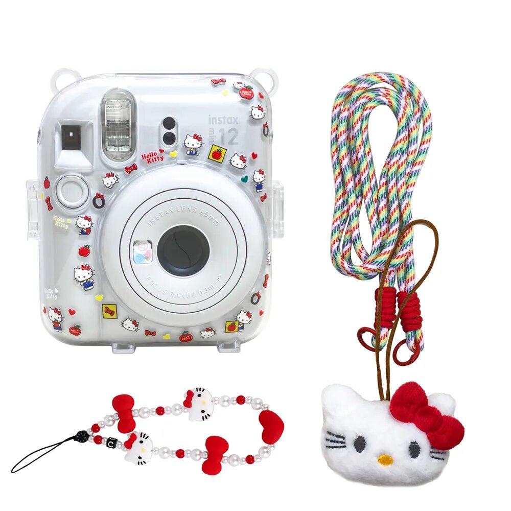 Фотоаппарат Fujifilm Instax Mini 12 в прозрачном корпусе с регулируемым плечевым ремнем, плюшевым украшением, цепочкой и милой наклейкой