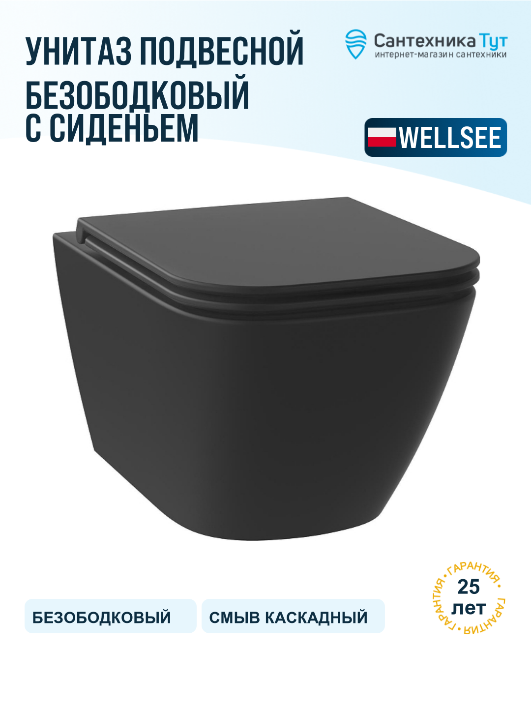 Унитаз Wellsee Pure BY Wellsee 182604001 подвесной цвет Черный матовый с сиденьем Микролифт