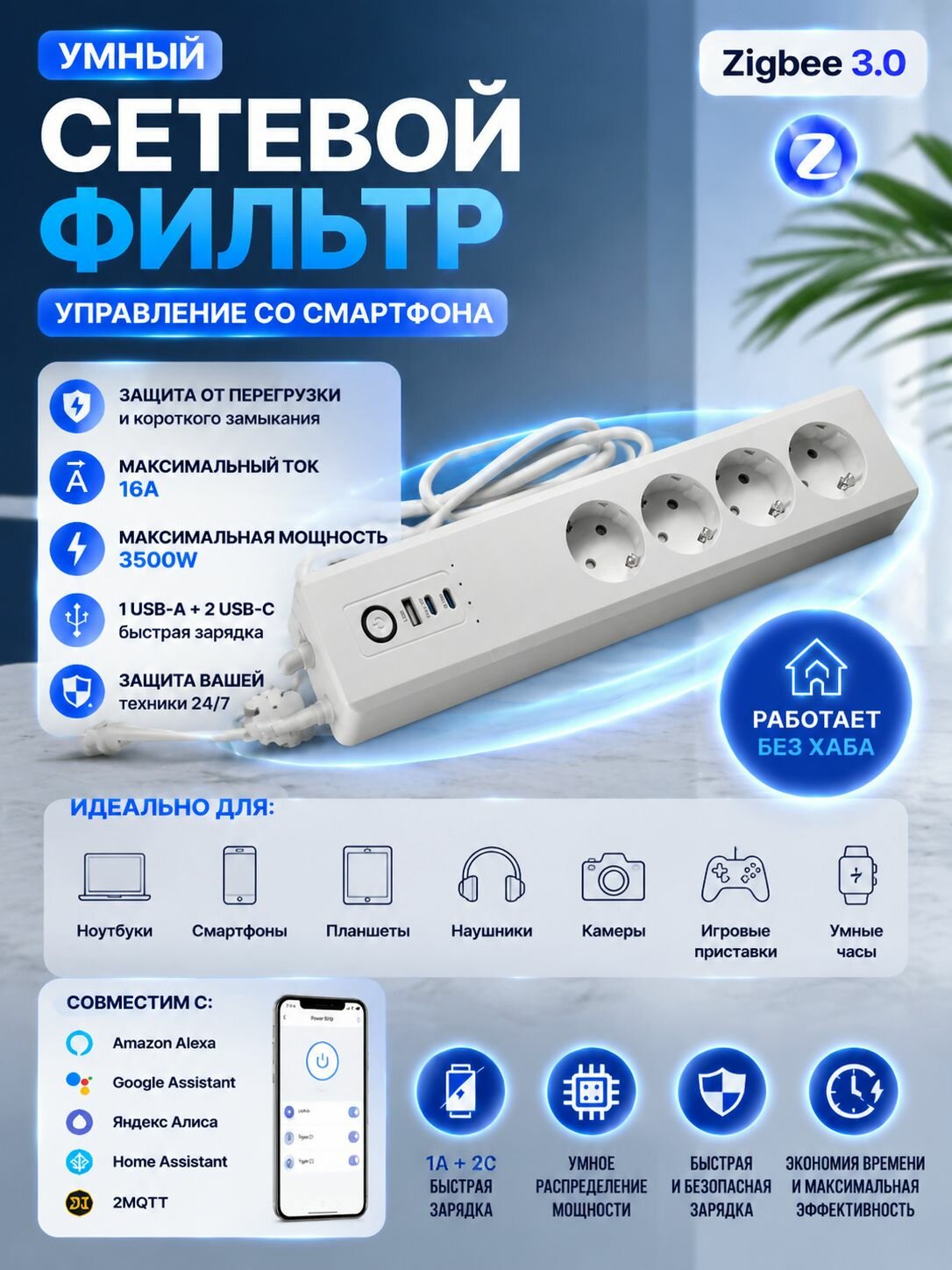 Zigbee 3.0 Xenon 16A Surge Protector , Support Alexa, Google Assistant, поддержка Alexa, Google Assistant, Home Assistant