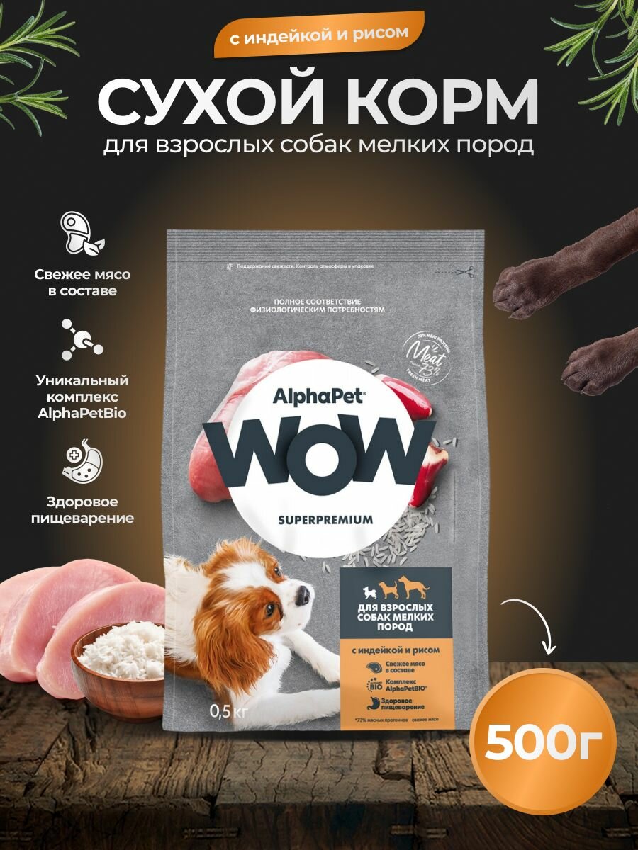 Корм сухой AlphaPet WOW для собак мини пород с индейкой и рисом, пак.0,5кг