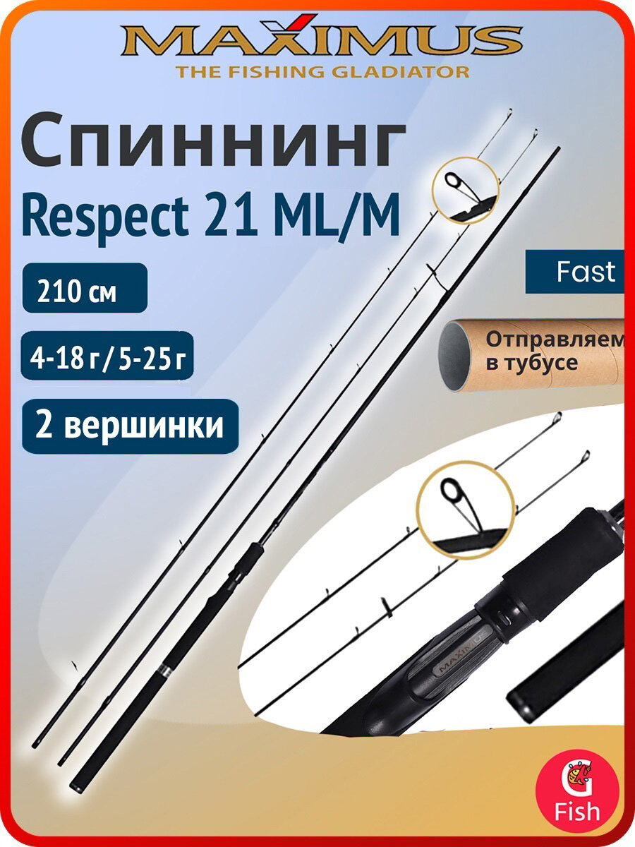 Спиннинг для рыбалки Maximus RESPECT 21 ML/M 2,1m 4-18g/5-25g (2 хлыста) (удочка/ удилище)