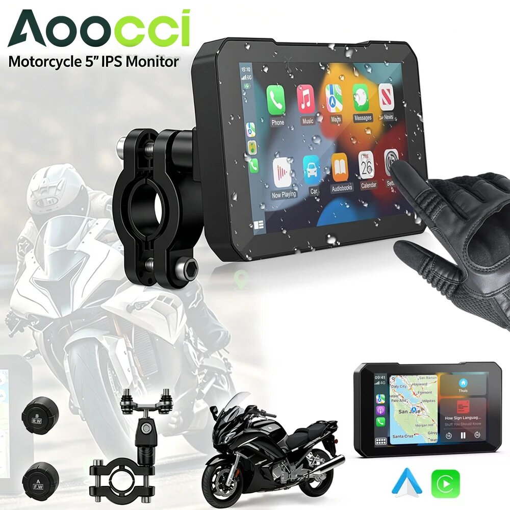Автомобильная навигационная система Aoocci C3 Plus для мотоциклов, 5-дюймовый HD-экран, GPS-навигация с Apple CarPlay и Android Auto, Siri (для CarPlay), TPMS