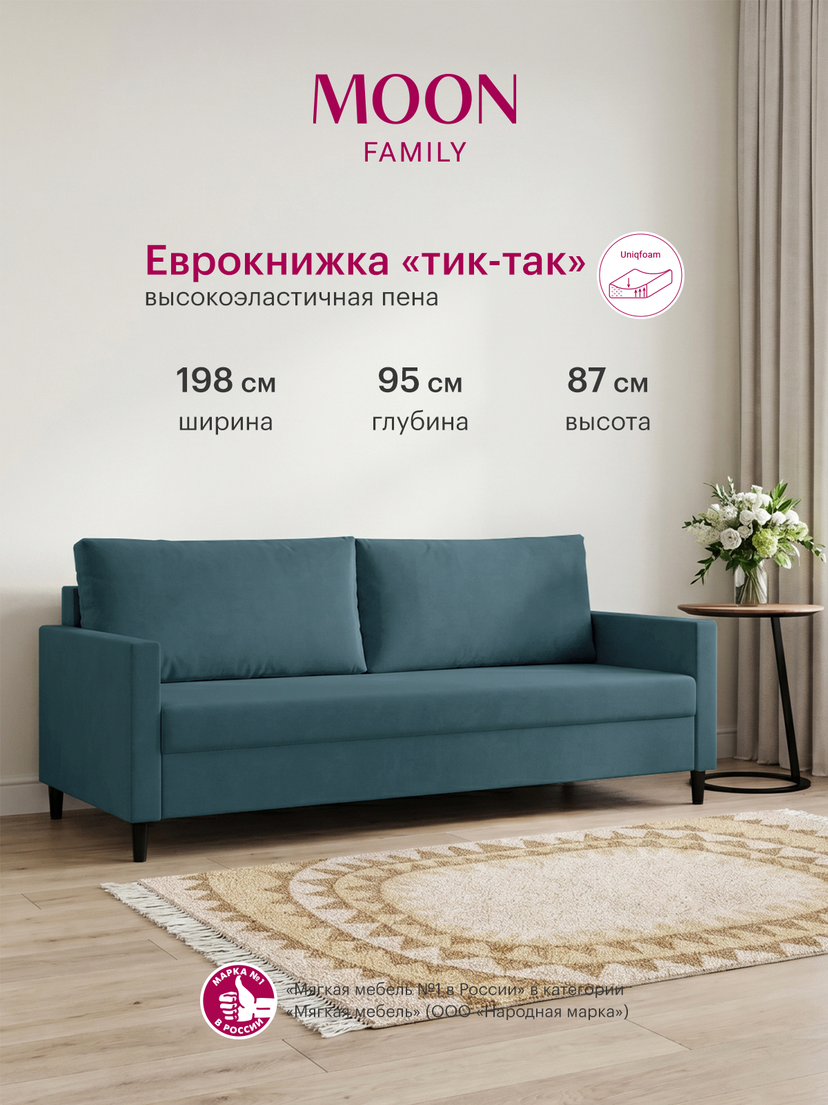 Диван-кровать раскладной пантограф (тик-так) MOON FAMILY 133, синий велюр, 198х95х87. Эксклюзивная пена UniqFoam