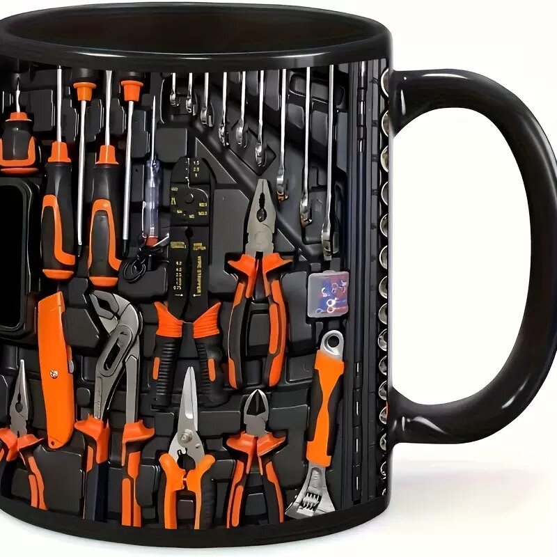 Керамическая кофейная кружка с дизайном «Toolbox Design» — 350 мл, черная ручка, идеальный подарок для мастеров и любителей рукоделия, 8,2 x 9,5 см
