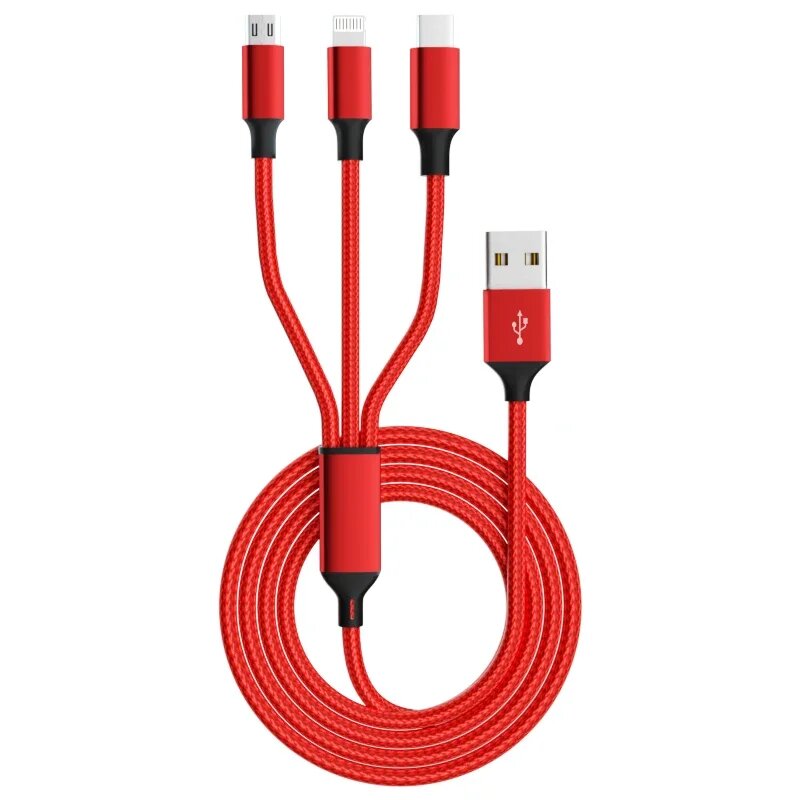 3 в 1, USB-кабель для быстрой зарядки Iphone, Samsung, Huawei, Xiaomi Красный, Red