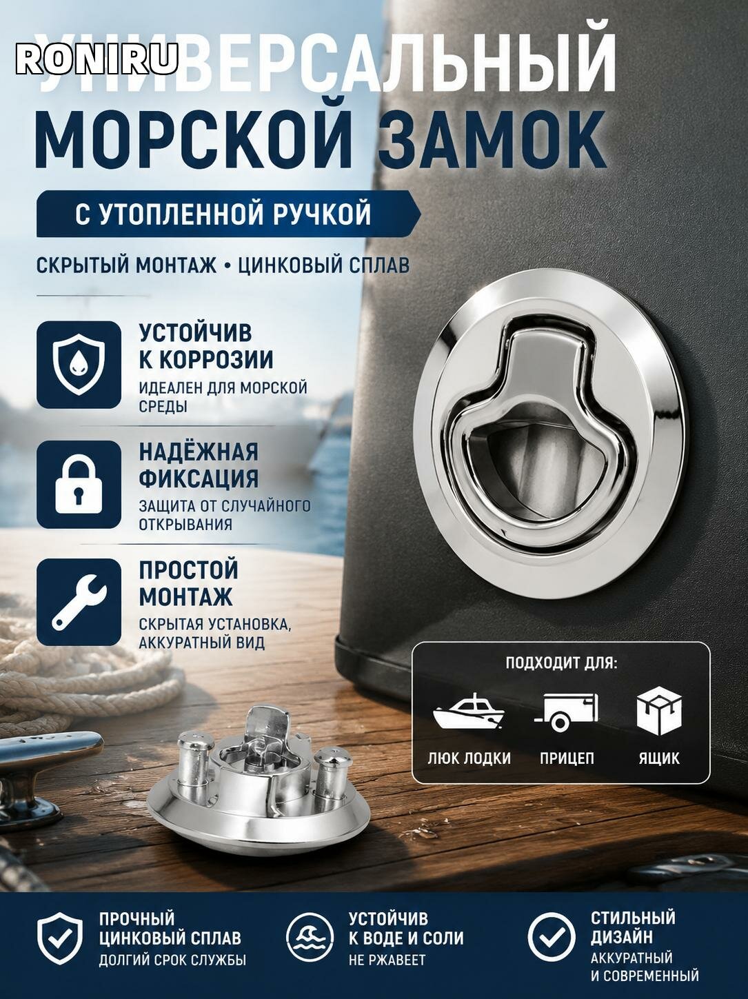 Универсальный морской замок с утопленной ручкой, цинковый сплав, скрытый монтаж — для люка лодки, прицепа и ящика