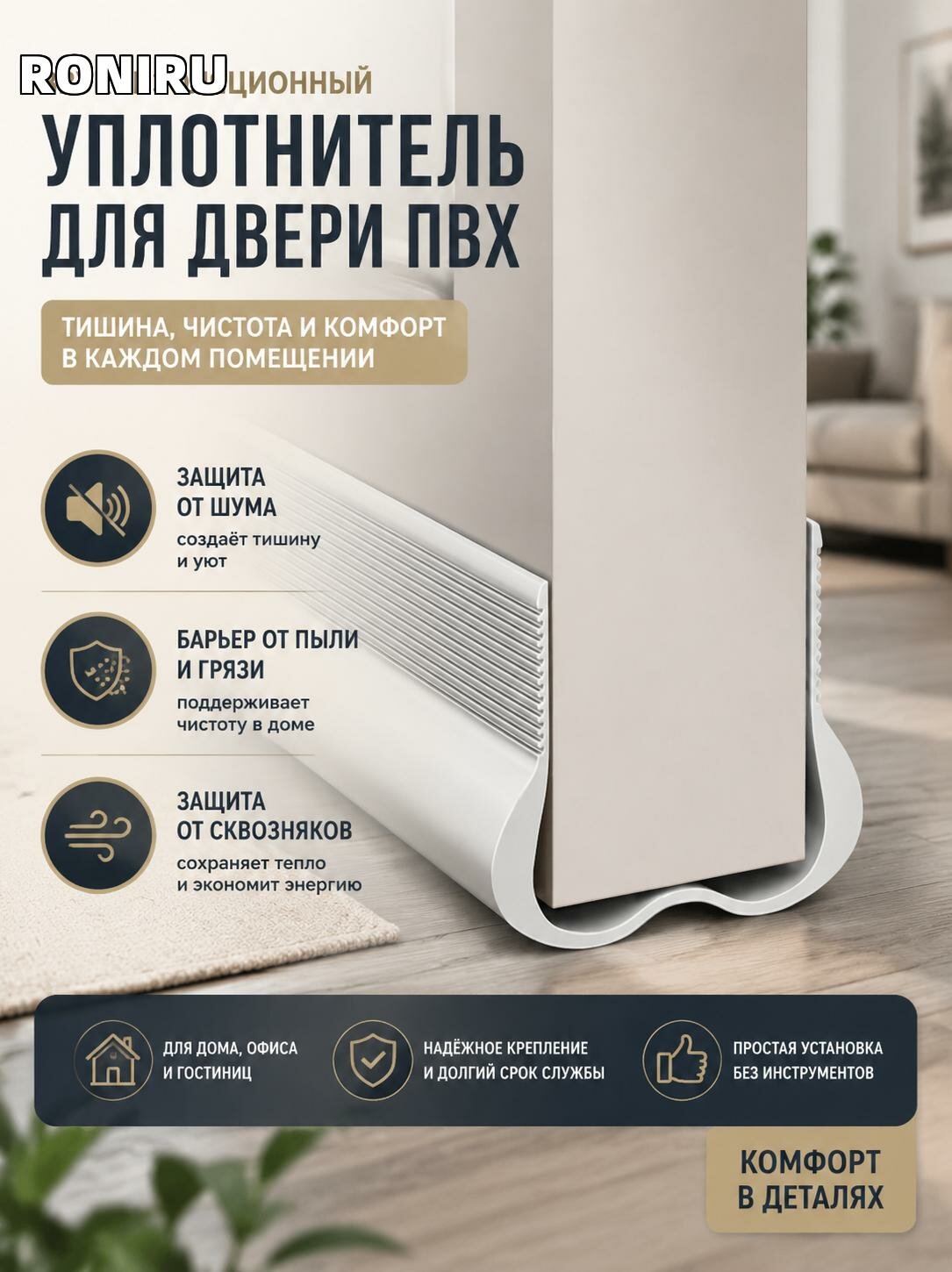 Звукоизоляционный уплотнитель для двери ПВХ — защита от шума, пыли и сквозняков, черный, для дома, офиса и гостиниц