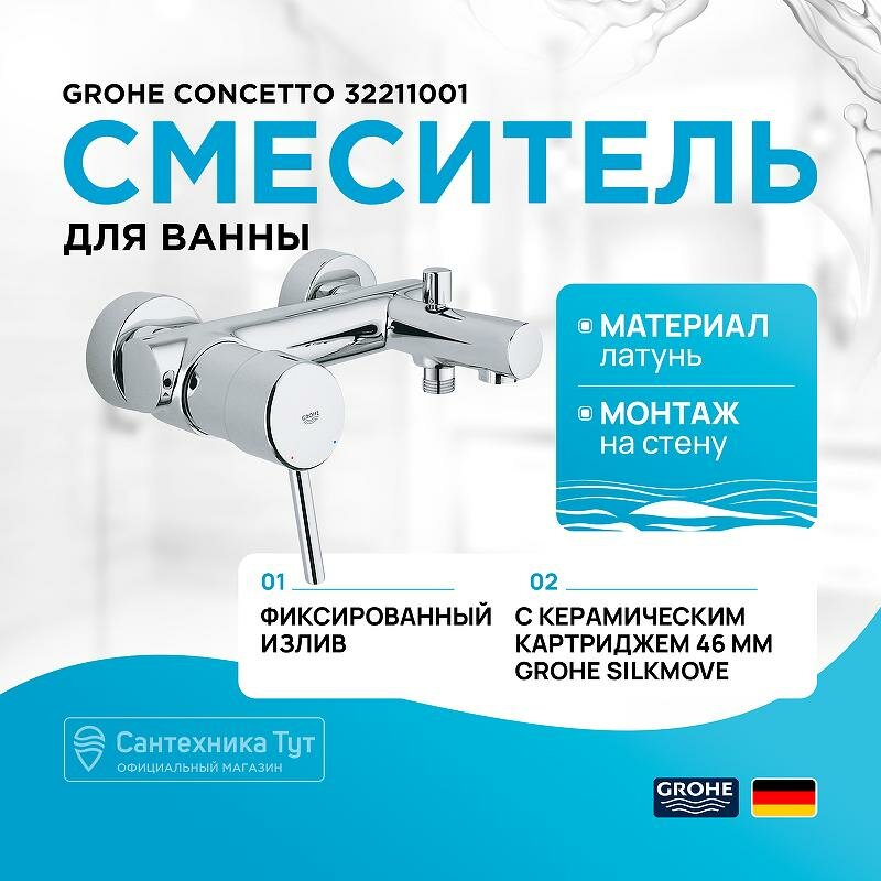 Смеситель для ванны Grohe Concetto 32211001 хром, рычажное управление, латунь