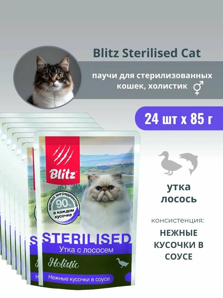 Консервированный влажный корм Blitz Holistic Sterilised Cat Duck & Salmon для кошек, утка с лососем в соусе , 24 шт по 85 г