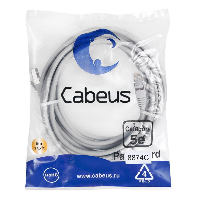 Патч-корд F/UTP кат.5E PC-FTP-RJ45-Cat.5e-5m-LSZH 2xRJ45/8p8c экранир. LSZH 5м сер, CABEUS 8874C (1 шт.)