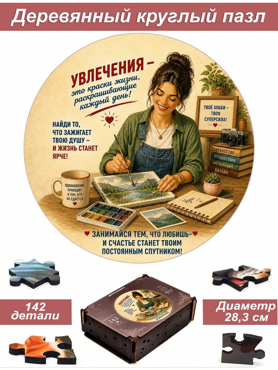 Пазл Алма деревянный круглый 142 детали, элемента. Винтажная коллекция. Увлечения - краски жизни.