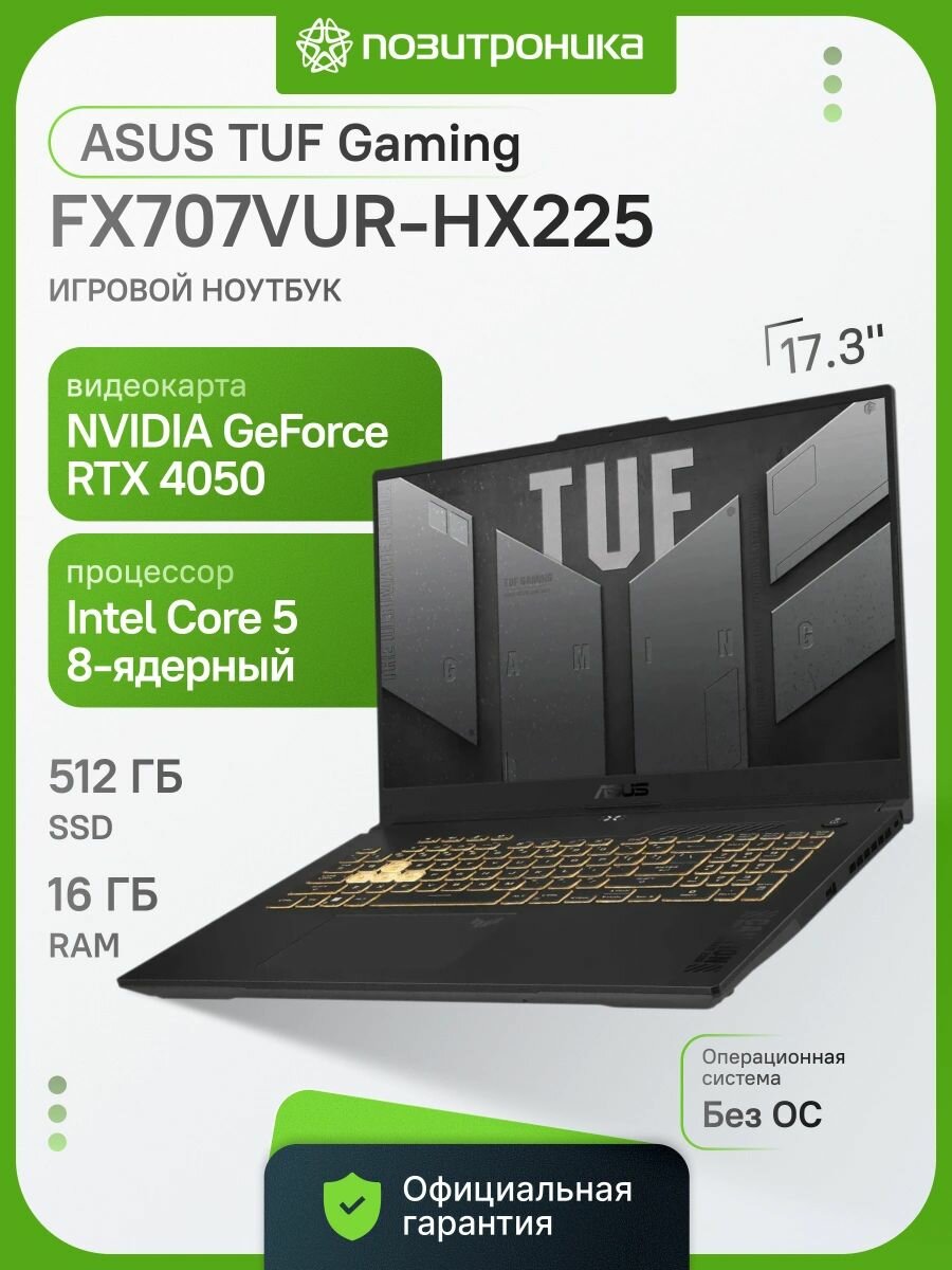ASUS FX707VUR-HX225 Игровой ноутбук 17.30", Intel Core 5 210H, RAM 16 ГБ, SSD 512 ГБ, NVIDIA GeForce RTX 4050 для ноутбуков (6 Гб), Без системы, (90NR0CS5-M00E30), серый, Русская раскладка