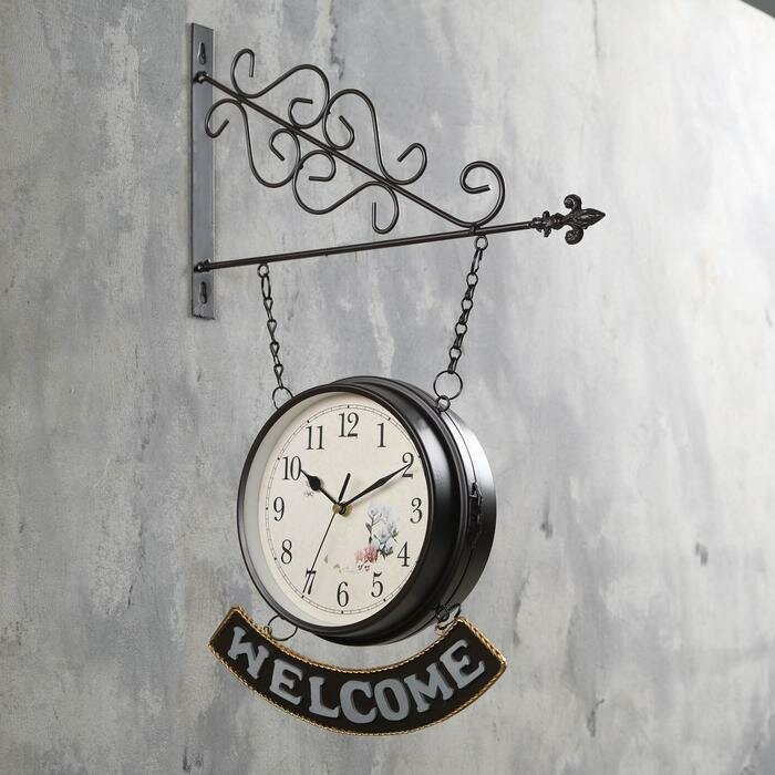 Часы настенные плавный ход, двусторонние, на подвесе Welcome, 20 см, 55х36 см, 1АА, часы интерьерные