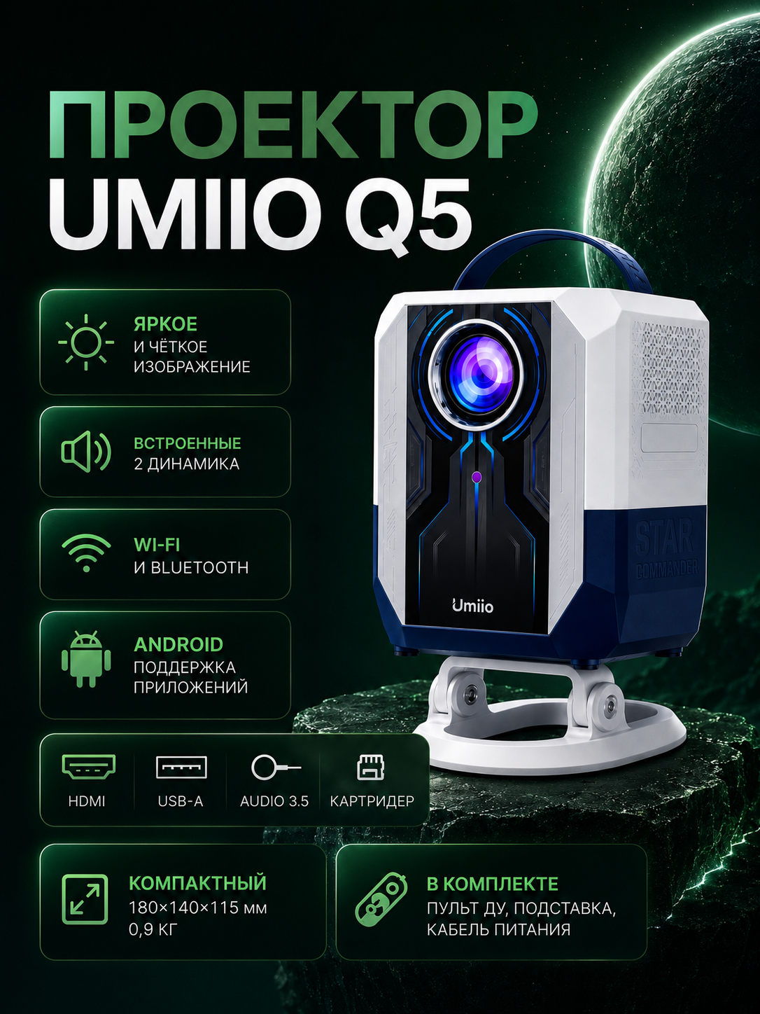 Проектор STAR Q5 Full HD Android TV, Портативный проектор 5G, HDMI, Проектор мультимедийный Wi-Fi 1080p, Cиний