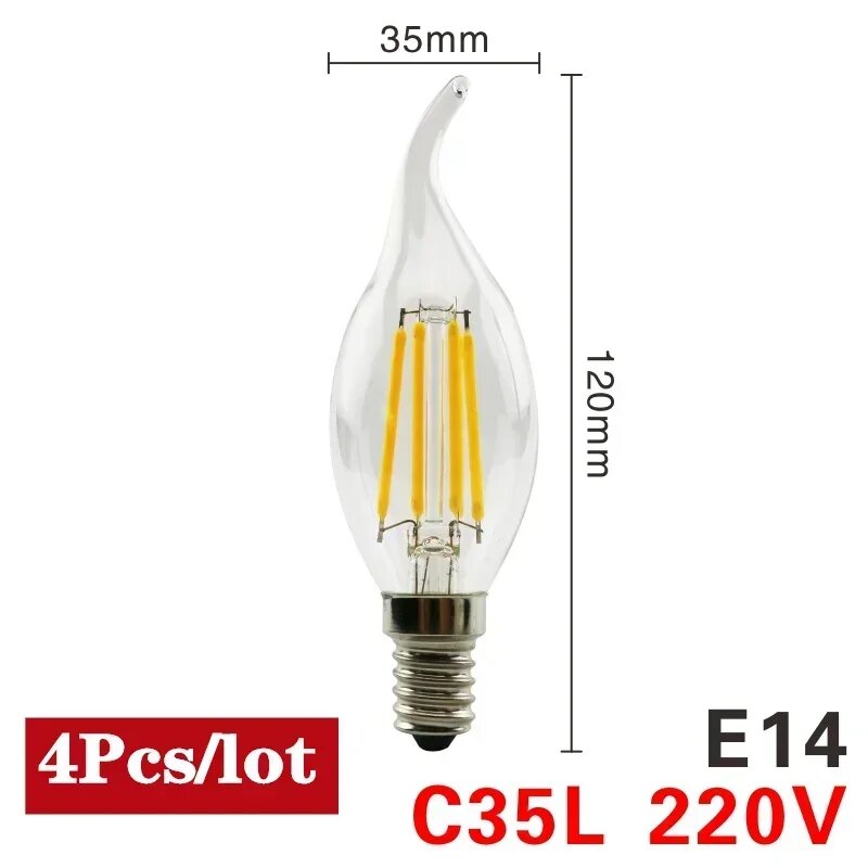 Светодиодная лампа накаливания E14, C35L, 8W, Warm white, 4 шт.