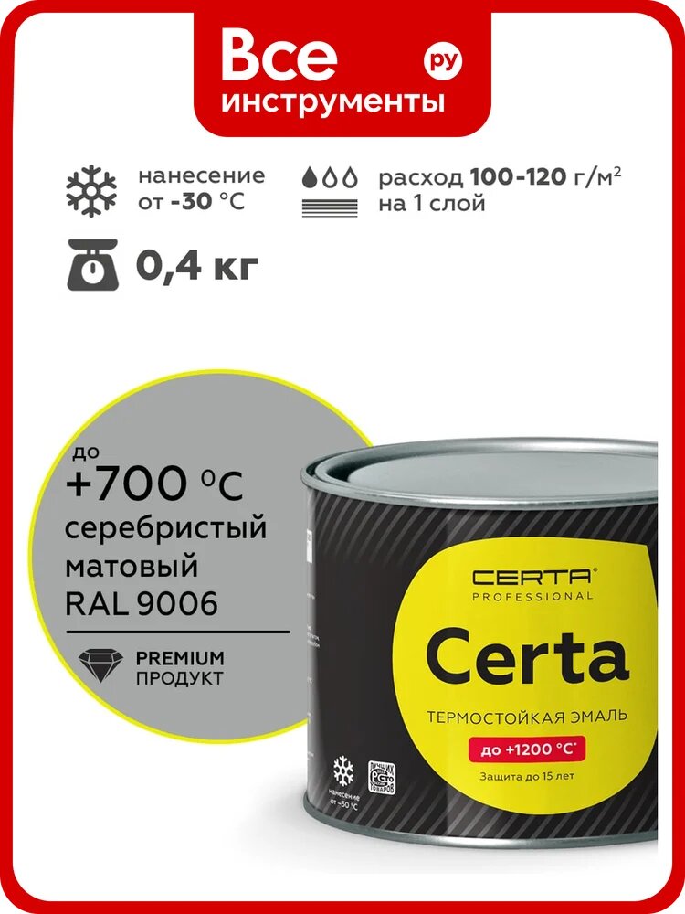 Термостойкая краска CERTA для металла, печей, мангалов, радиаторов, дымоходов, суппортов, до 700 градусов, серебристый RAL 9006, 0.4 кг CPR00049