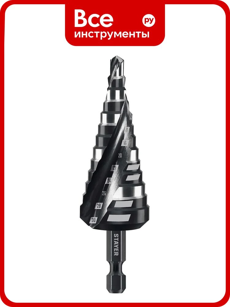 Cверло ступенчатое STAYER Pro-Max 6-30мм, 13 ступеней, винтовая спираль 29661-6-30-13, пластиковый