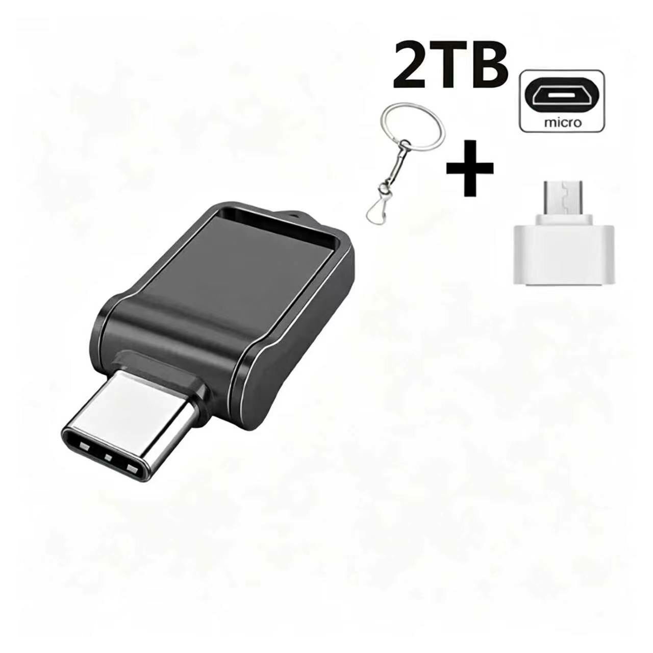 Большой комплект! Флешка 2 ТБ Type-C + переходник Micro USB, брелок в подарок для хранения фото и видео