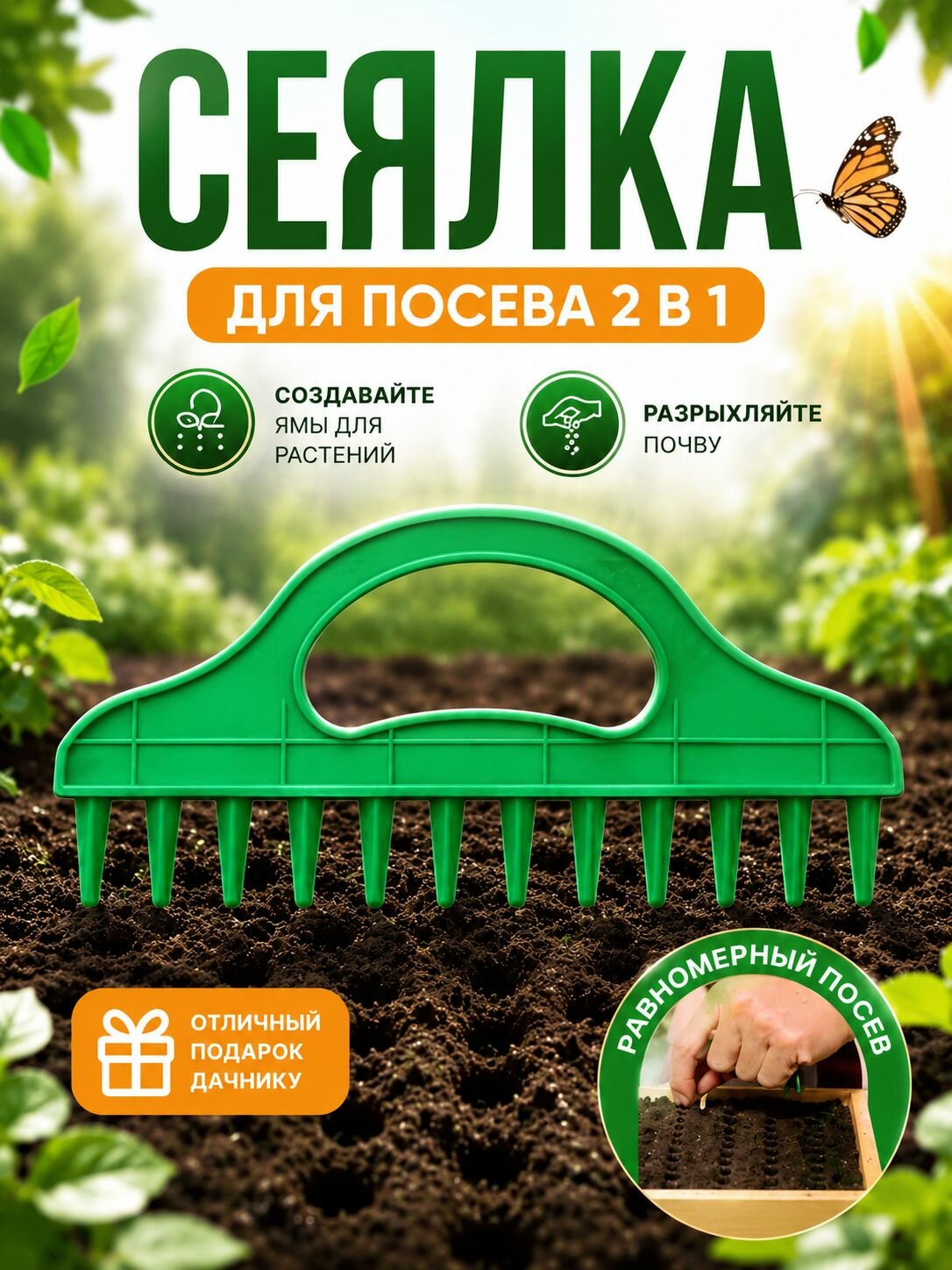 Сеялка для семян ручная, разбрасыватель, лункообразователь для рассады
