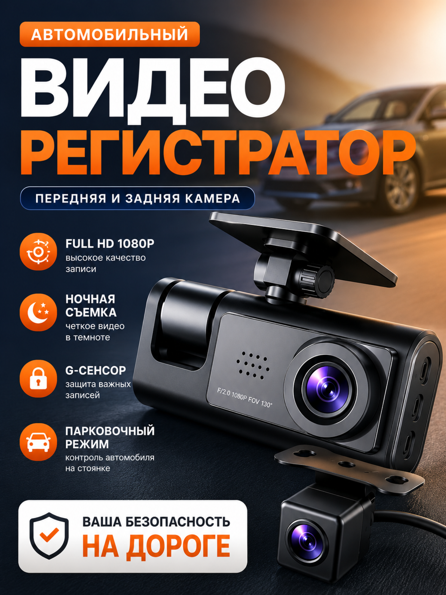 Автомобильный видеорегистратор, с 3-мя камерами, Wi-Fi, Full HD