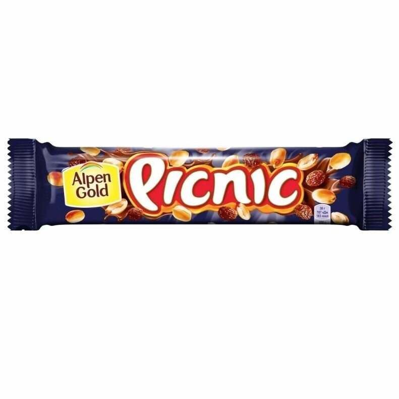 Picnic Шоколадный батончик Picnic, с арахисом, изюмом и карамелью, 38 г, 35 шт.