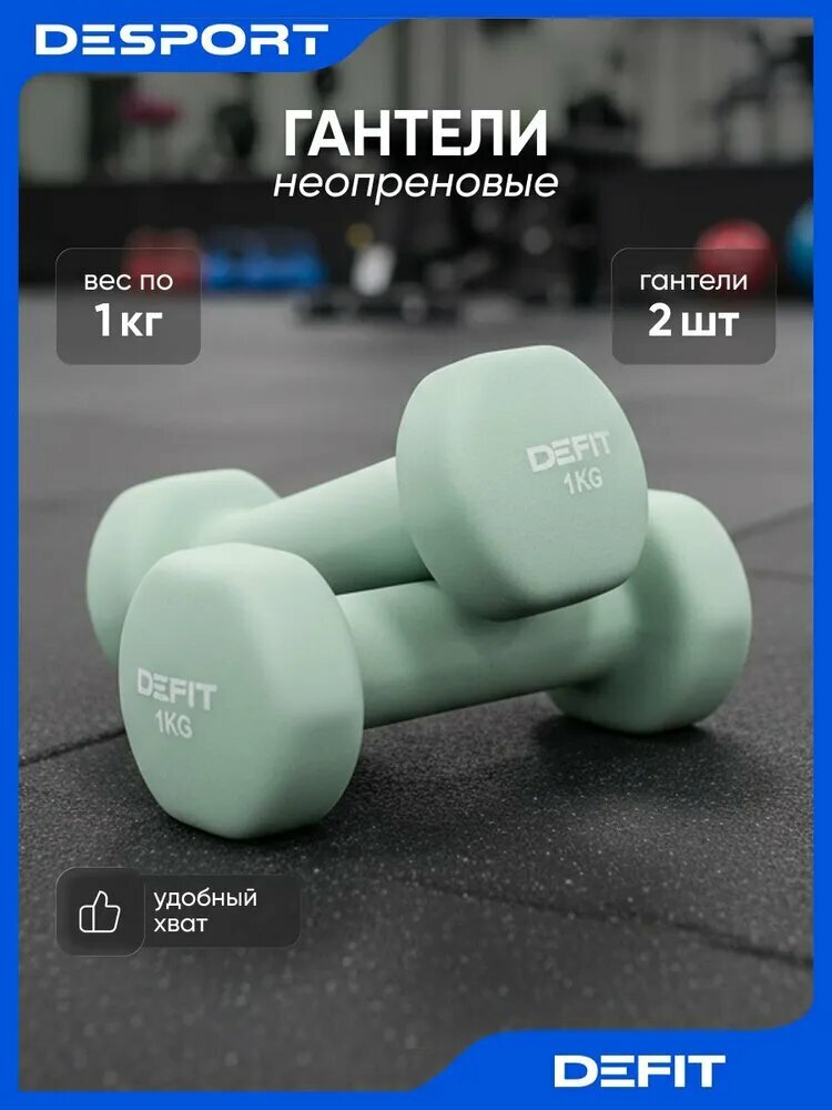 Гантели Defit, круглые, с неопреновыми ручками, 1кг, 2шт, бирюзовые
