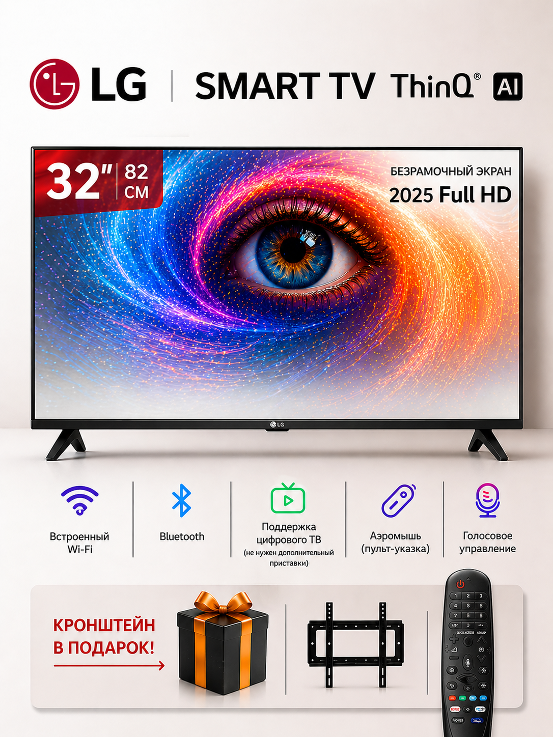 Телевизор LG 32LM55 WeboS-SmarT FullHD, 32 дюйма, с голосовым управлением, чёрный