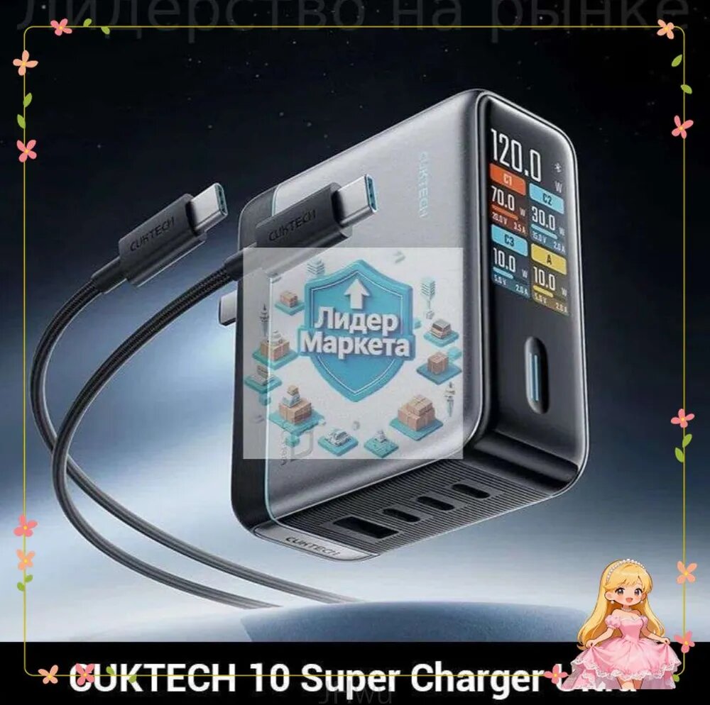 Премиумадаптер 120W, 100W максимальный блок питания с USBC на четыре слота