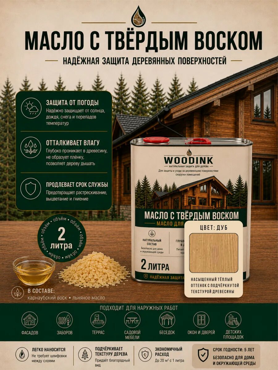 Масло с твердым воском для дерева WOODINK 2 литра, цвет: Дуб