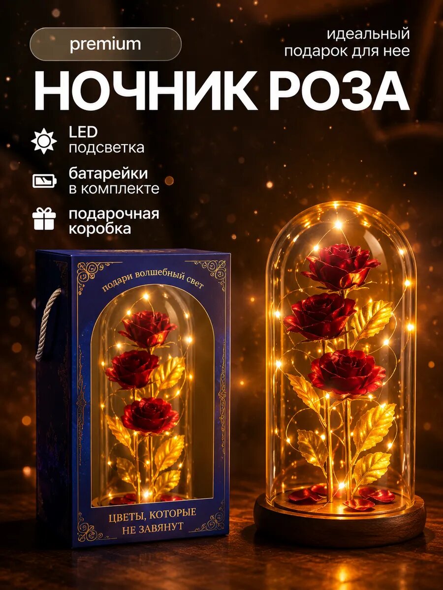 Ночник, роза в колбе, настольный светильник, на батарейках, беспроводной, цветы в колбе, ночник детский