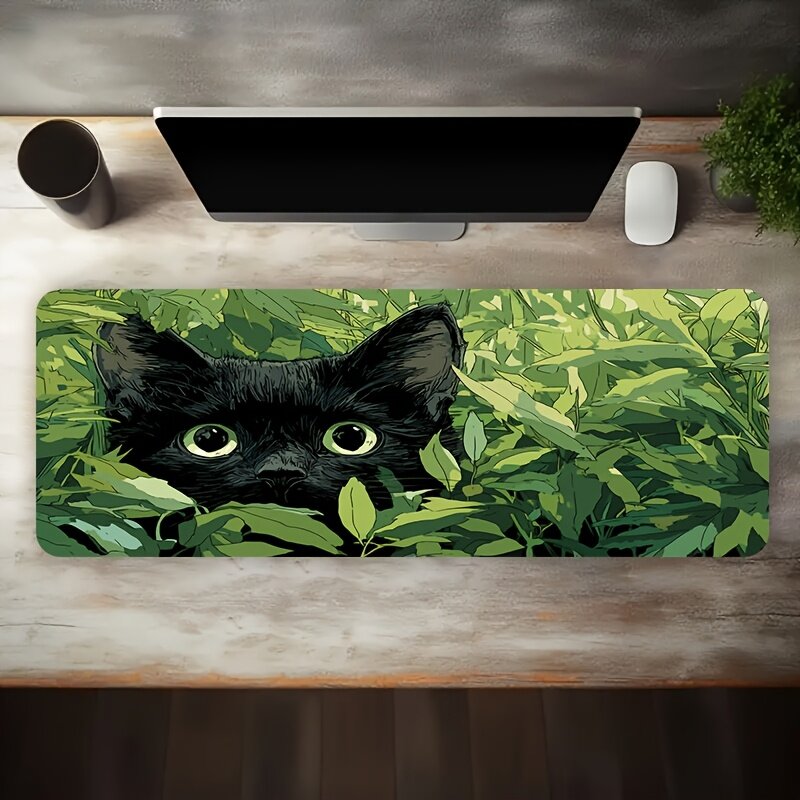 Игровой коврик для мыши 30x70 см, милый черноглазый кот среди зеленых кустов, нескользящий, моющийся, резиновая основа