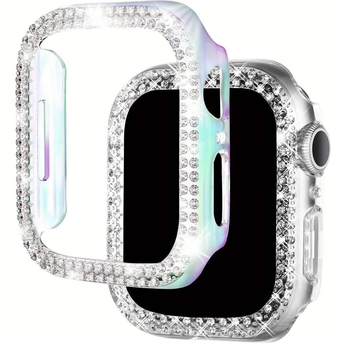 2 шт. Роскошный ажурный чехол из твердого ПК со стразами для Apple Watch Ultra/SE/1-10 38/40/41/42/44/45/46/49 мм, противоударный, защита от царапин, нескользящий, легкий, цвет: светлый мультиколор + прозрачный, 40 мм