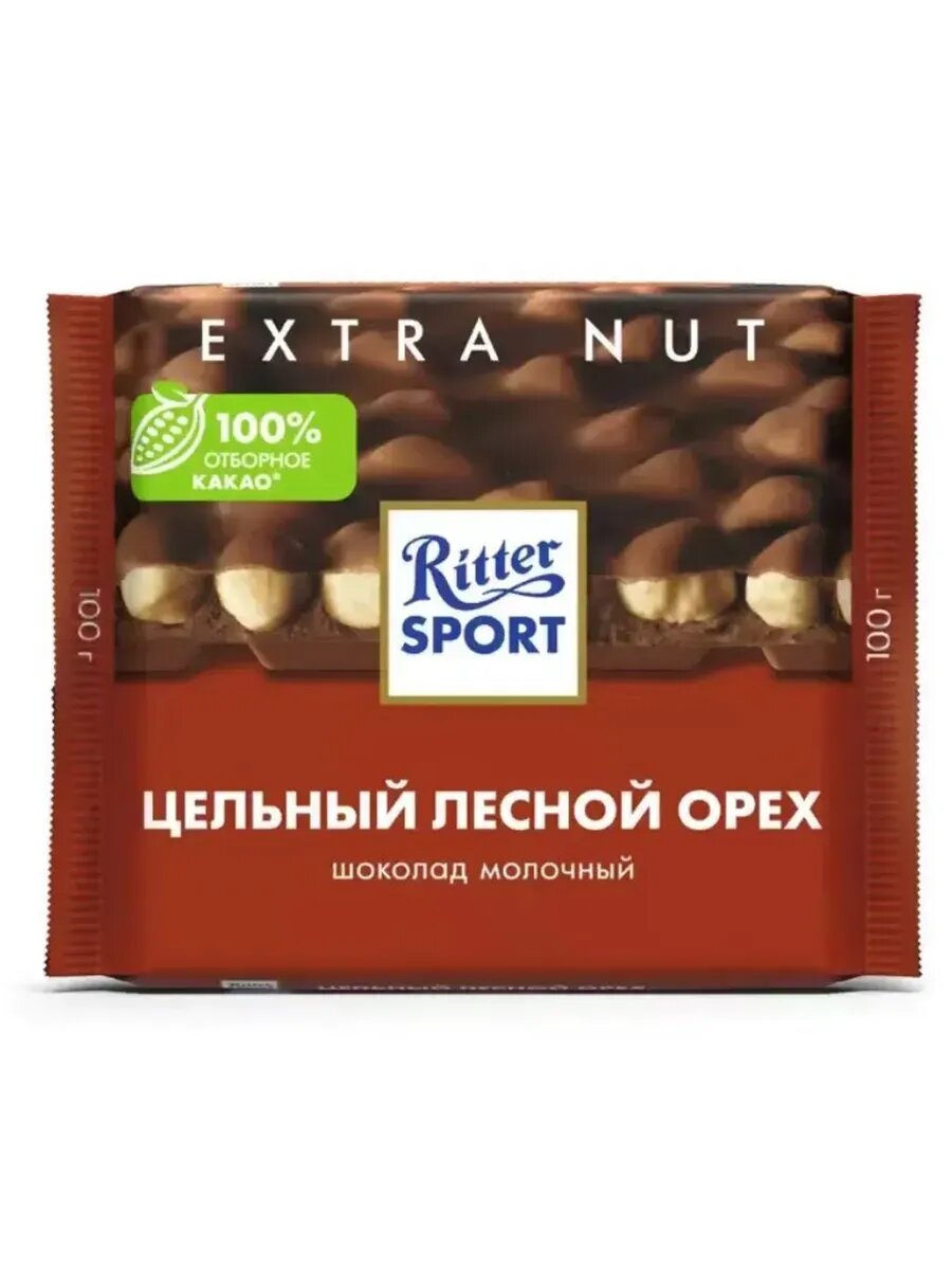 Ritter sport Шоколад молочный с цельным лесным орехом, 100 г