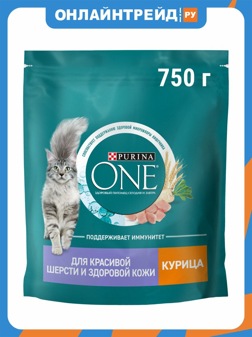 Сухой корм для взрослых кошек Purina One Elegant для здоровья кожи и шерсти с курицей и цельными злаками 750 г