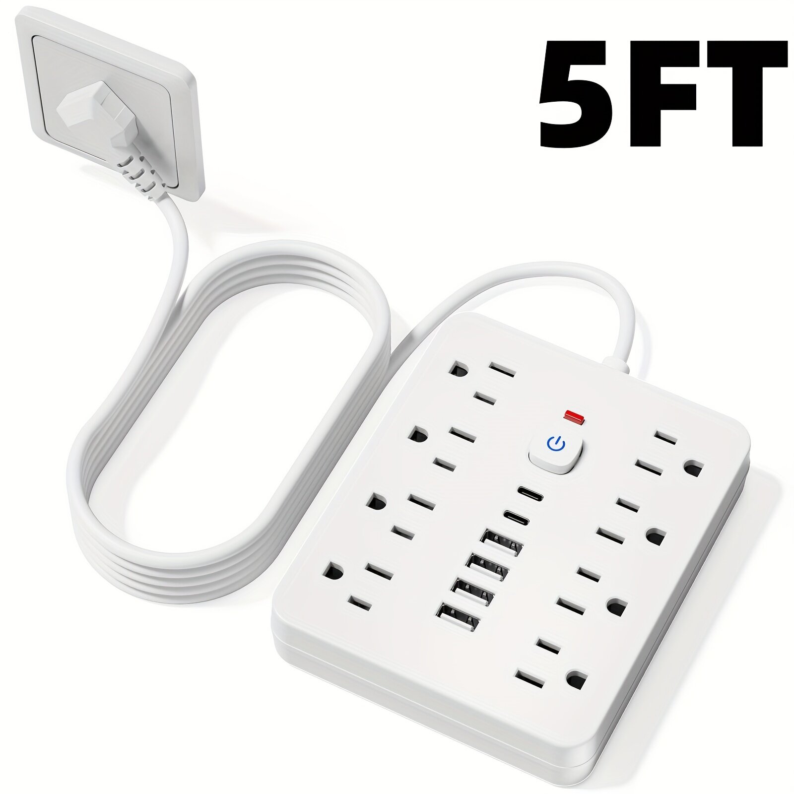 Сетевой фильтр с 4 розетками и 6 USB-портами (включая 2 Type-C), сенсорным выключателем, защитой от перенапряжений, настенный, белый, удлинитель 1,5 м, американская вилка, 110-130 В