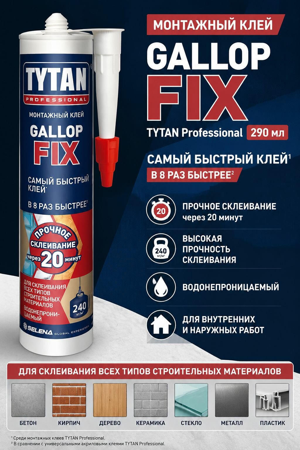 Клей монтажный Tytan Professional "Gallop Fix", белый, влагостойкий, быстросхватывающий, 290мл