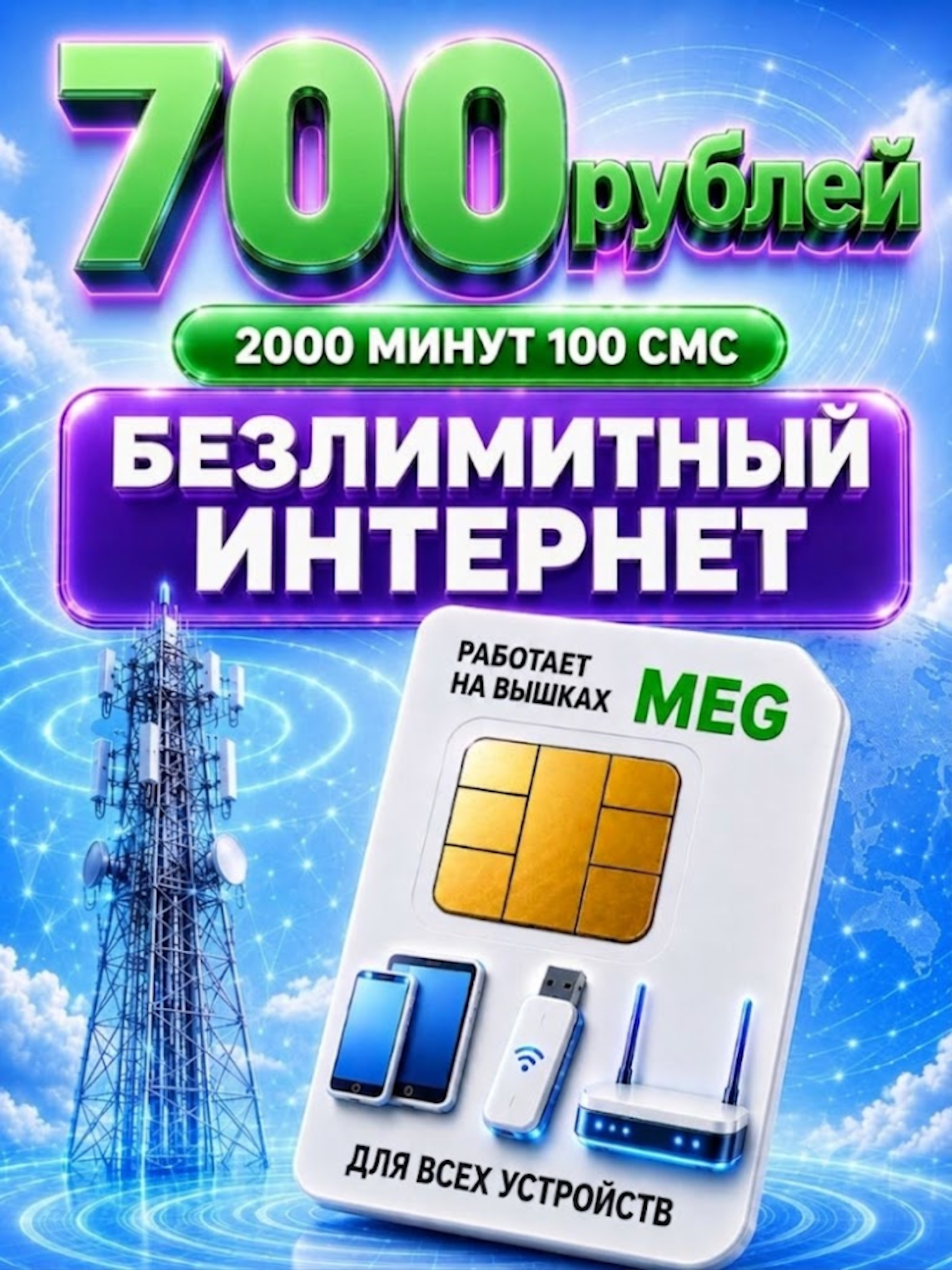 "Безлимитный интернет" сим карта 700 рублей в месяц по всей России саморегистрация YV2FM