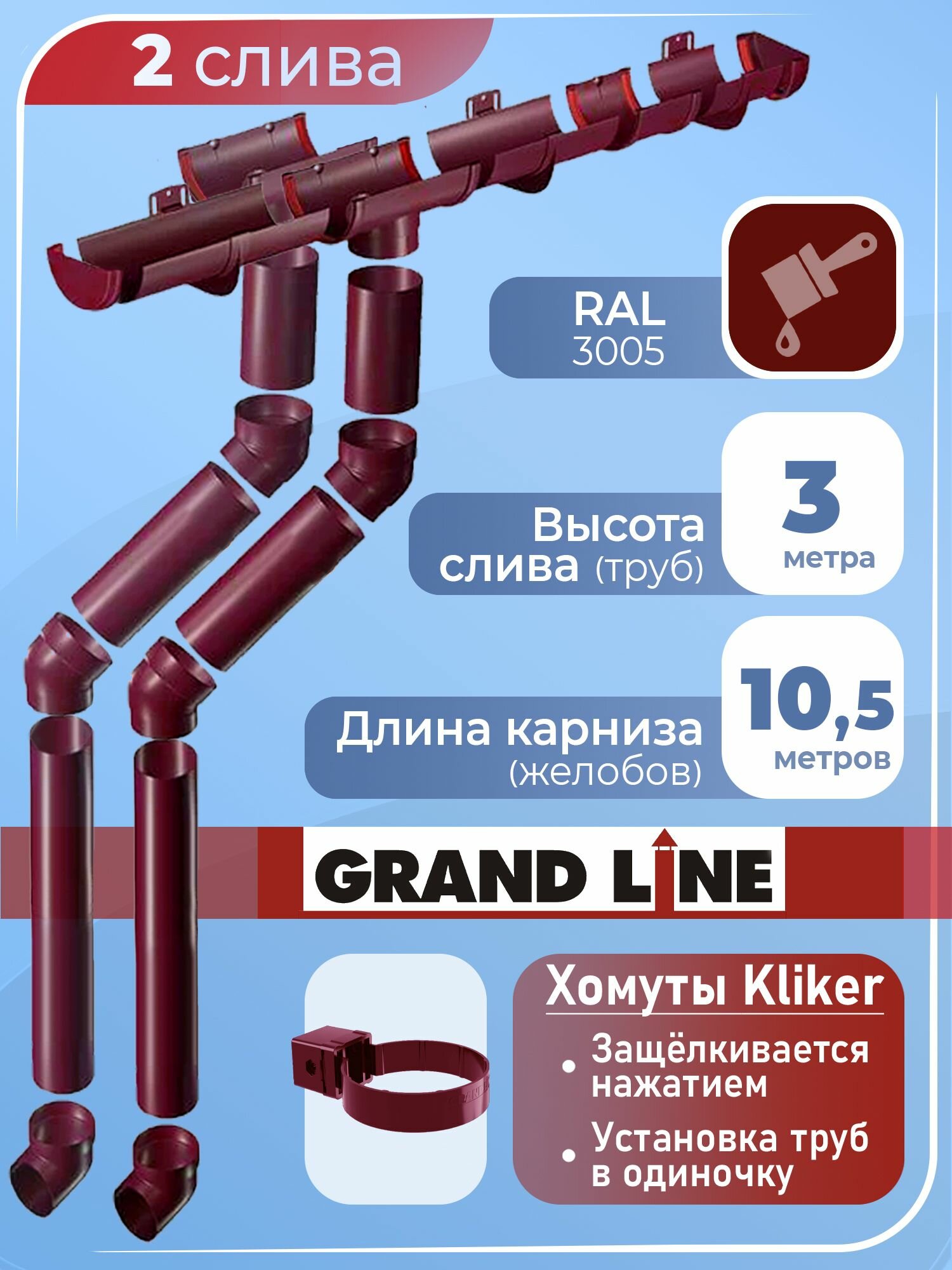 Водосточная система Гранд Лайн Кликер ( длина 10,5 м / высота 3 м) бордо 2 слива, с хомутами кликер водосток для крыши (RAL 3005) Grand Line (120 мм/ 90 мм) комплект элементов ПВХ