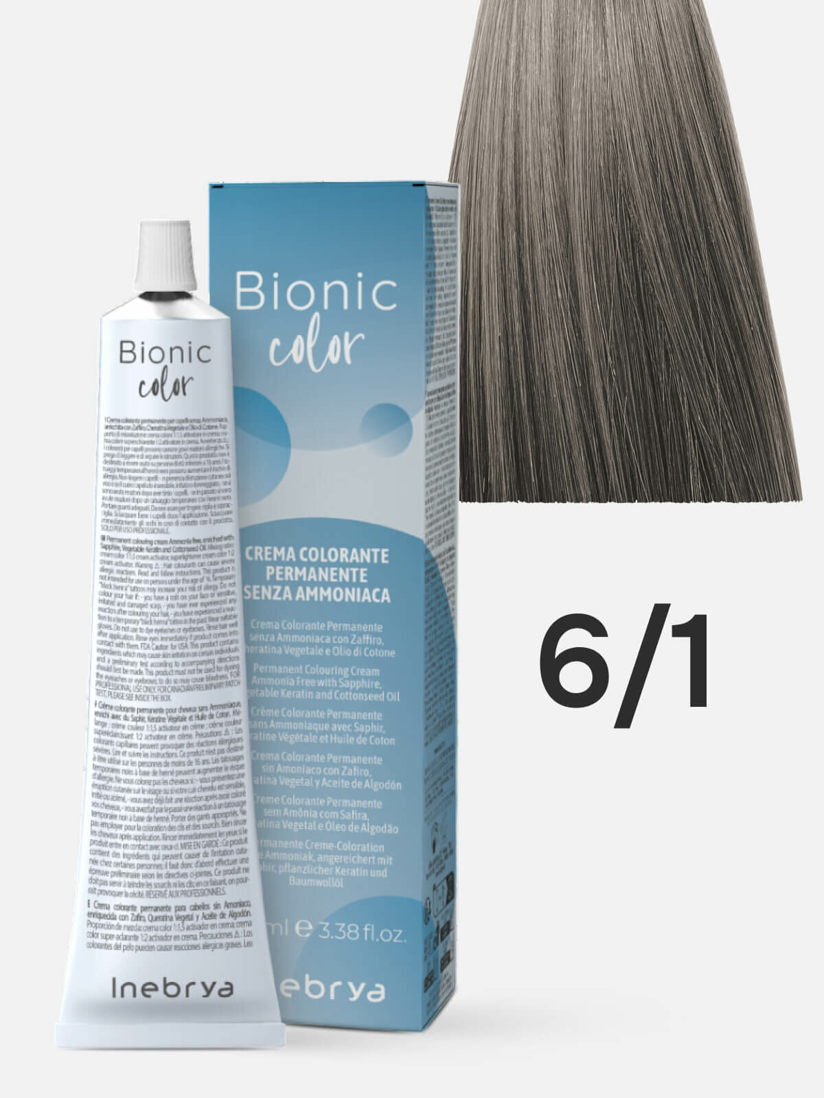 Крем - краска для волос профессиональная без аммиака Inebrya Bionic Color 6/1 Темный русый Пепельный, 100 мл