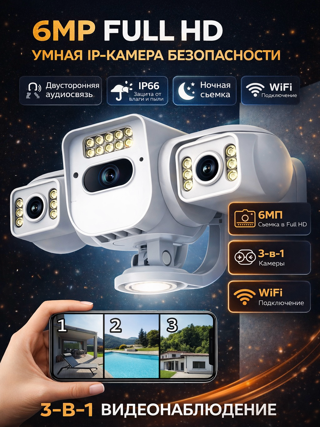 Камера видеонаблюдения для улицы и дома Wi-Fi/4G тройная, встроенный микрофон