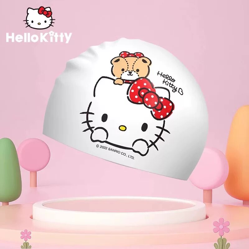 Белая шапочка с котенком Китти для плавания для детей 3-14 лет, не сдавливающая, высокая эластичность, обхват головы