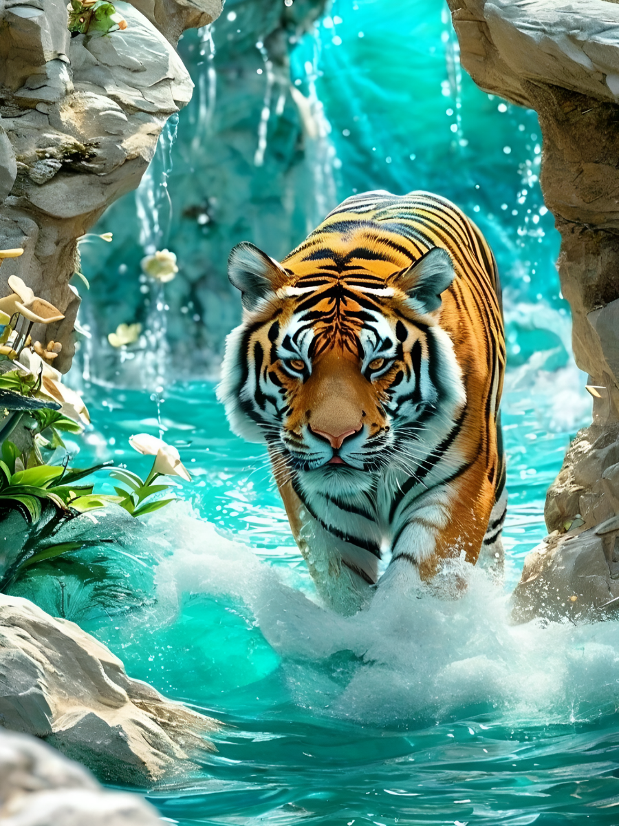 Алмазная мозаика на подрамнике 40x50 см. BoomBoomShop "Тигр на бирюзовом водопаде"