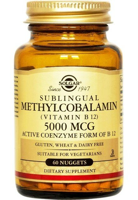 Methylcobalamin Витамин B12 5000 мкг Sublingual 60 nuggets Solgar, 5000 мкг