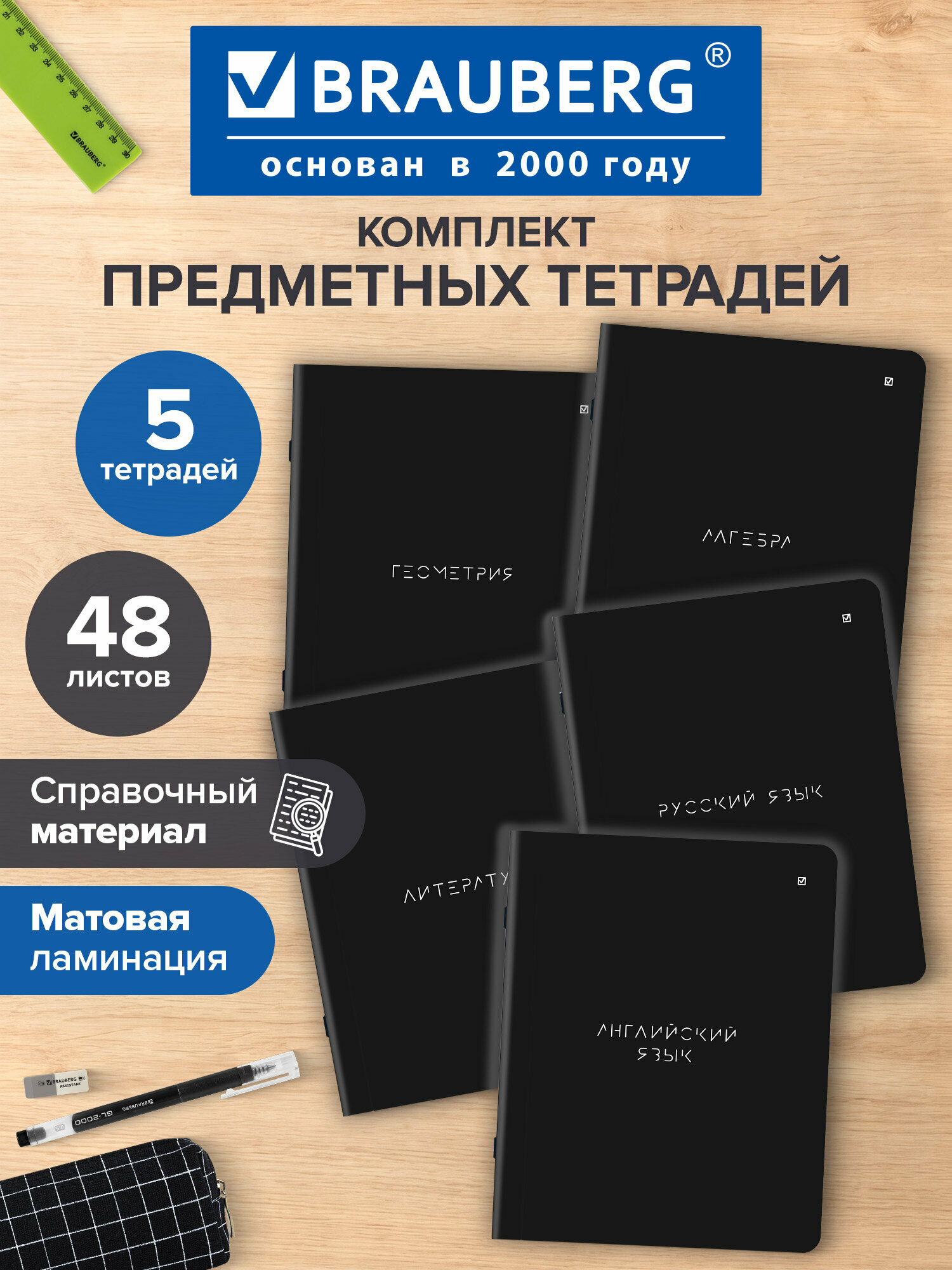 Предметные тетради 48 листов в клетку и линейку A5 набор 5 штук, матовая обложка, Brauberg Minimal, 405185