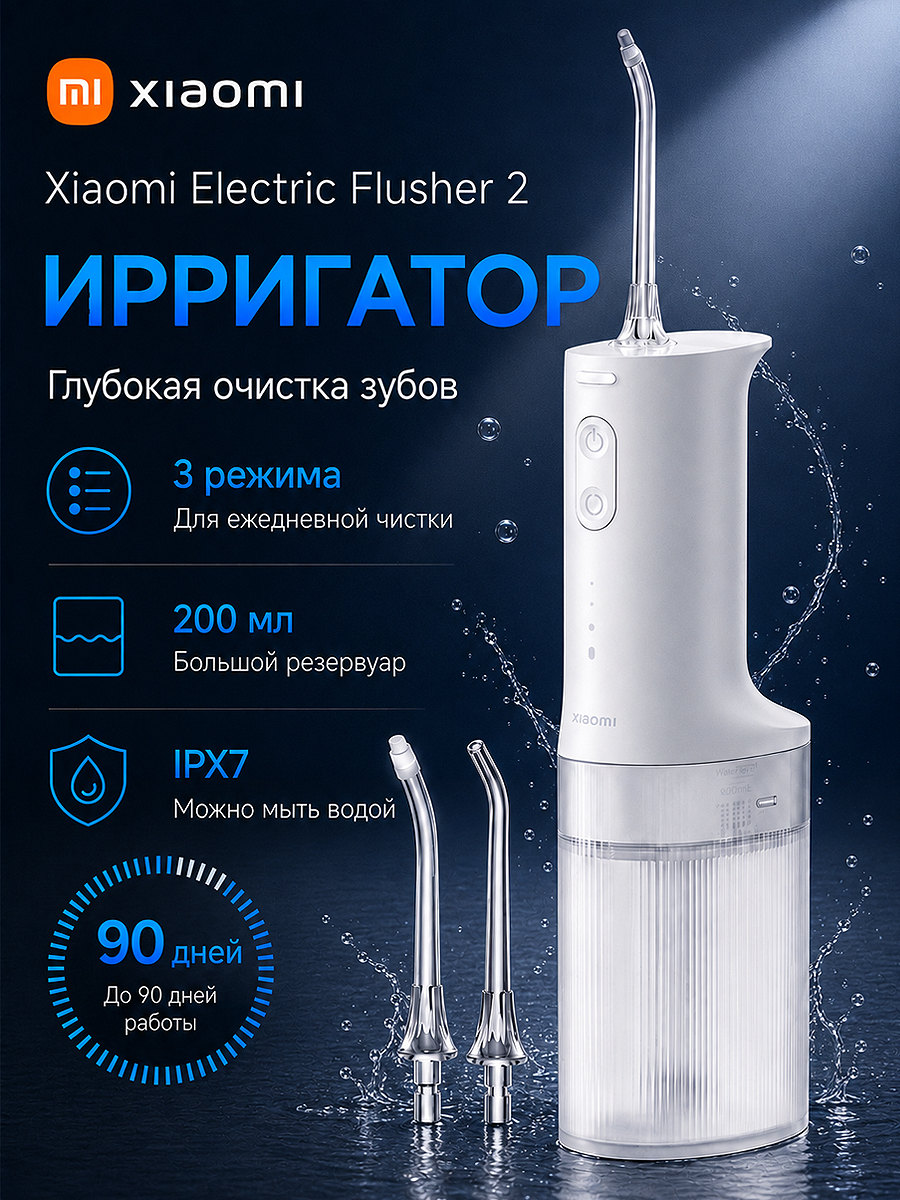 Ирригатор для зубов и десен Xiaomi Electric Flusher 2, MEO705, импульсный, портативный, 3 режима, белый